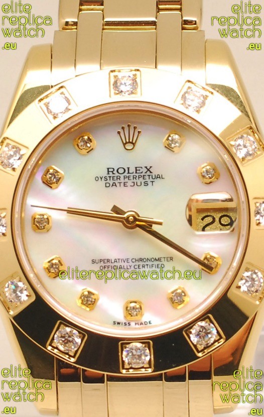 Rolex Datejust Pearlmaster Swiss Replica Gold Watch in White Pearl Dial ...