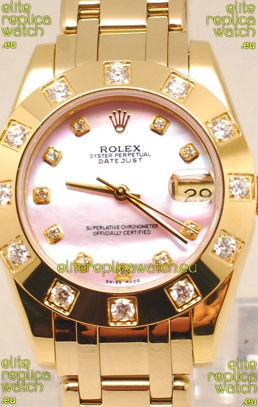 Rolex Datejust Pearlmaster Swiss Replica Gold Watch in Pink Pearl Dial ...
